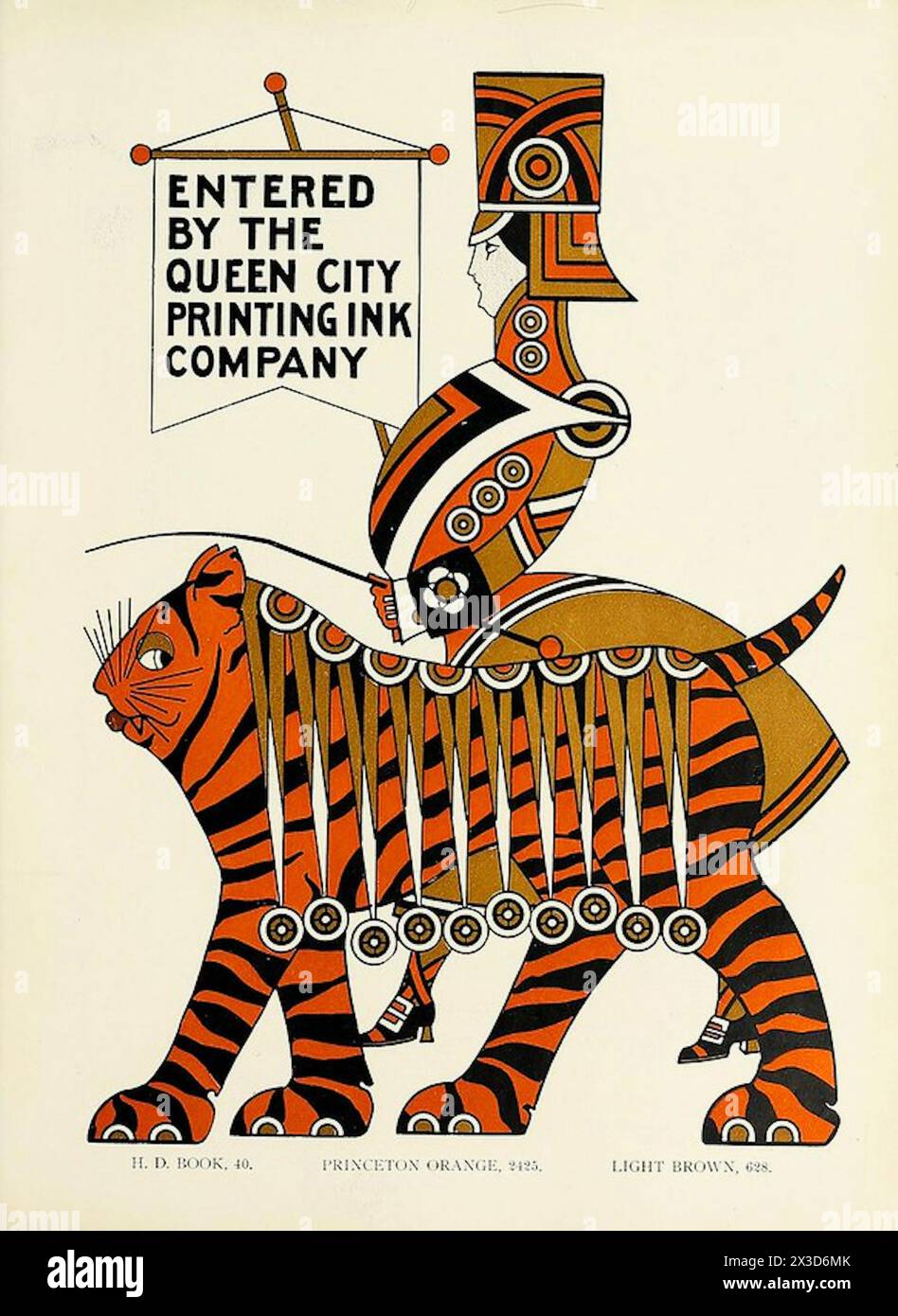 Lady riding a fancy princeton orange Tiger. Vintage Queen City Pinting ...