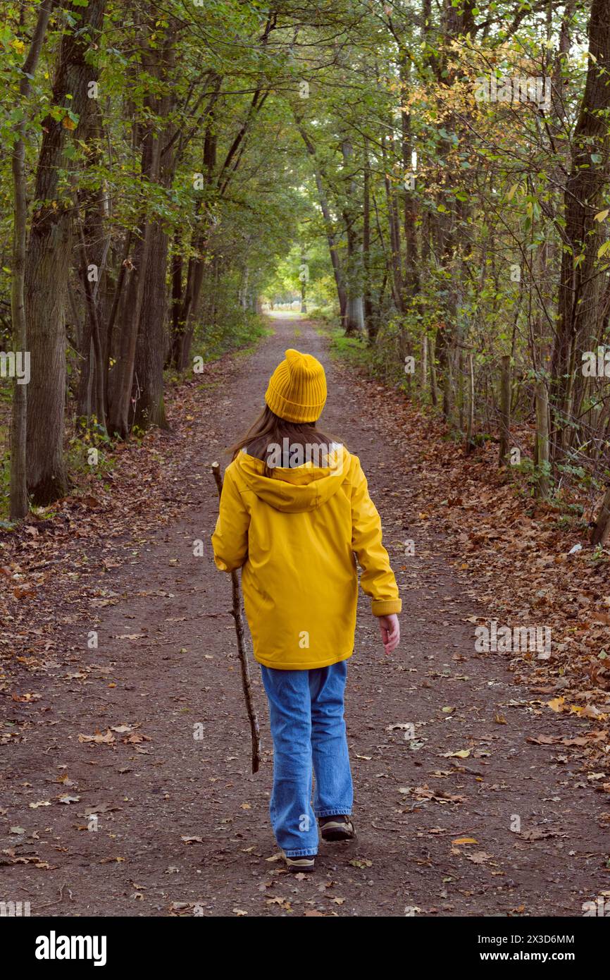 A girl walking along a path into perspective in an autumn park. Autumn ...