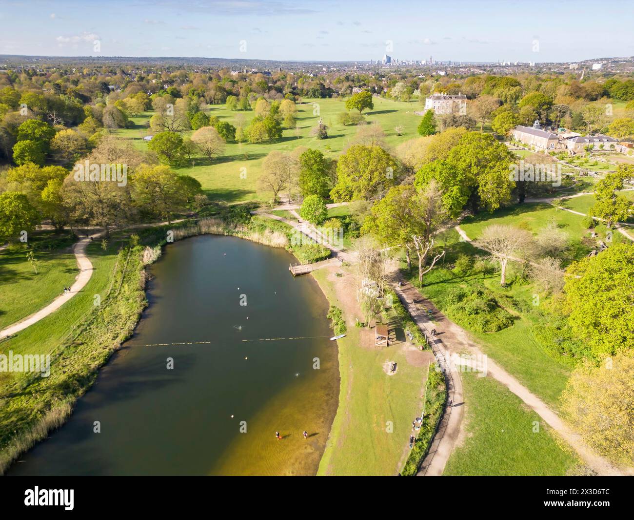 aerial view of beckenham place park has a large open water swimming ...