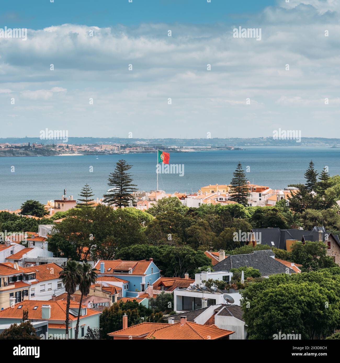A scenic panorama overlooks the coastal town of Cascais in Portugal ...