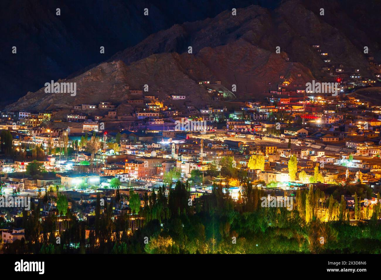 Leh aerial panoramic view at night. Leh is the capital and largest town ...