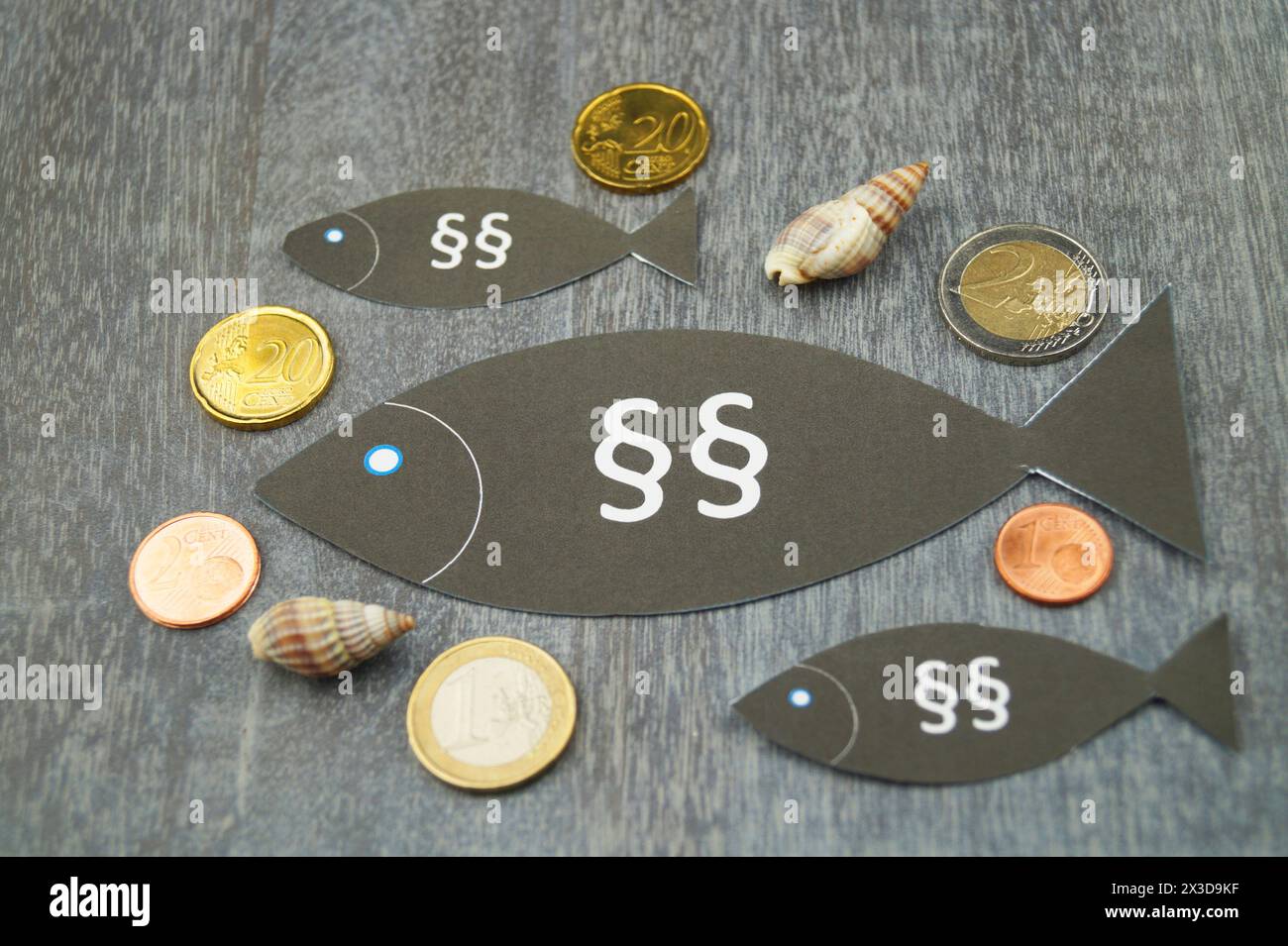 fish shapes with paragraphs, snail shells and coins, symbol for fishing ...