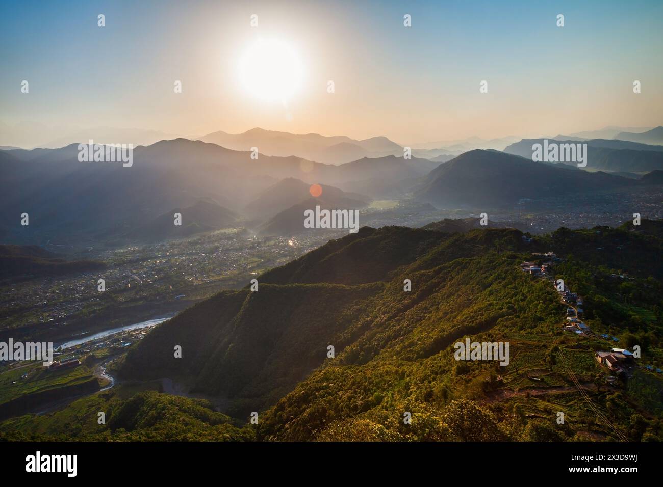 Himalaya hills aerial panoramic view from Sarangkot hill viewpoint in ...