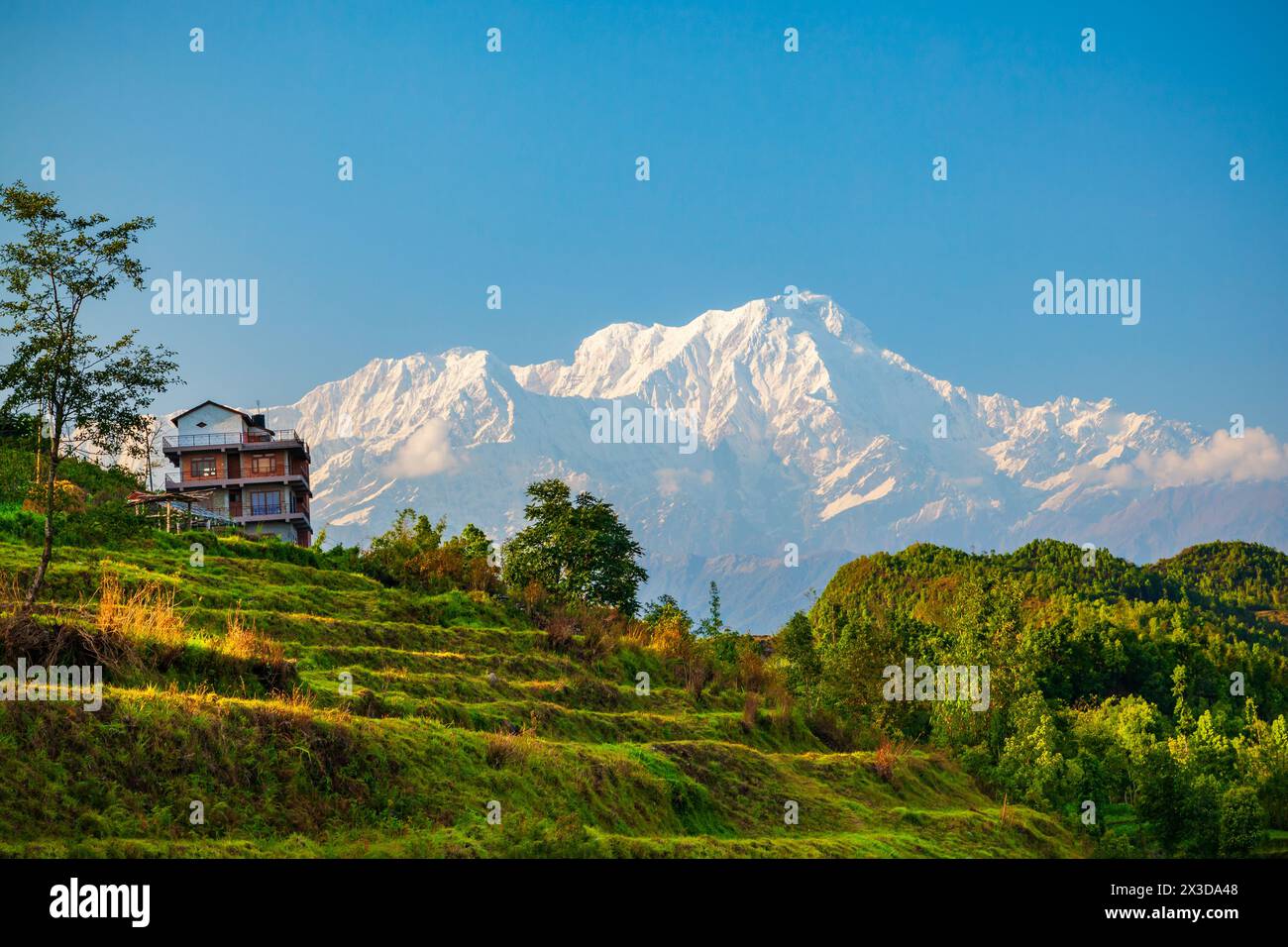 Local house and Annapurna massif view from Sarangkot hill viewpoint in ...