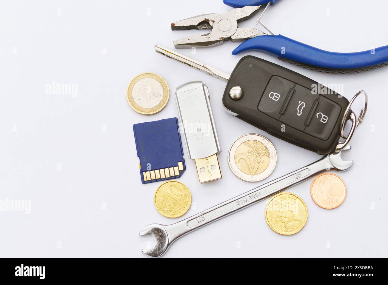 car key, tools and memory card, symbolic image for the emissions ...
