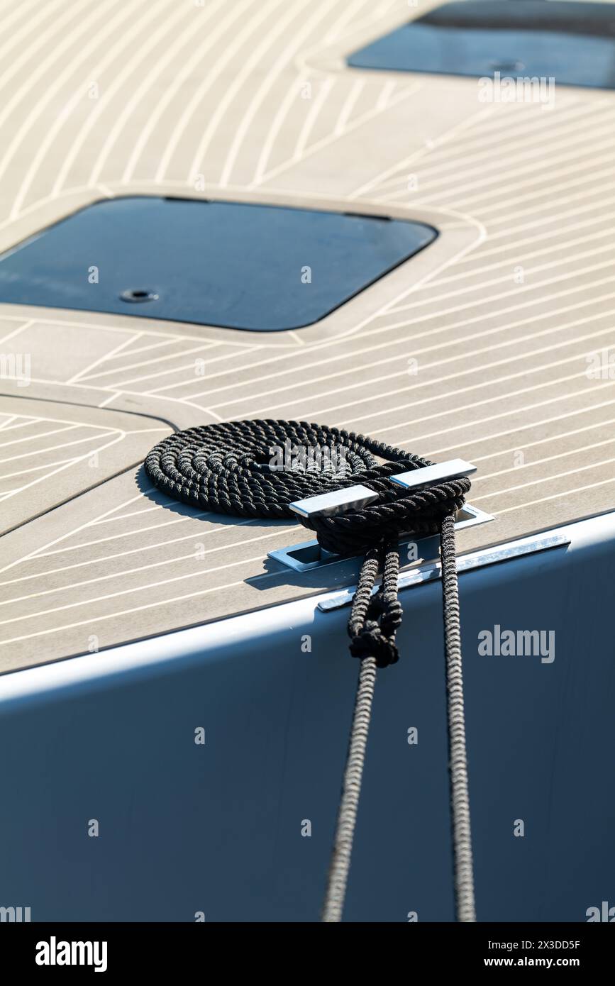 The bow of a beautiful powerboat with nice clean lines showing the deck ...