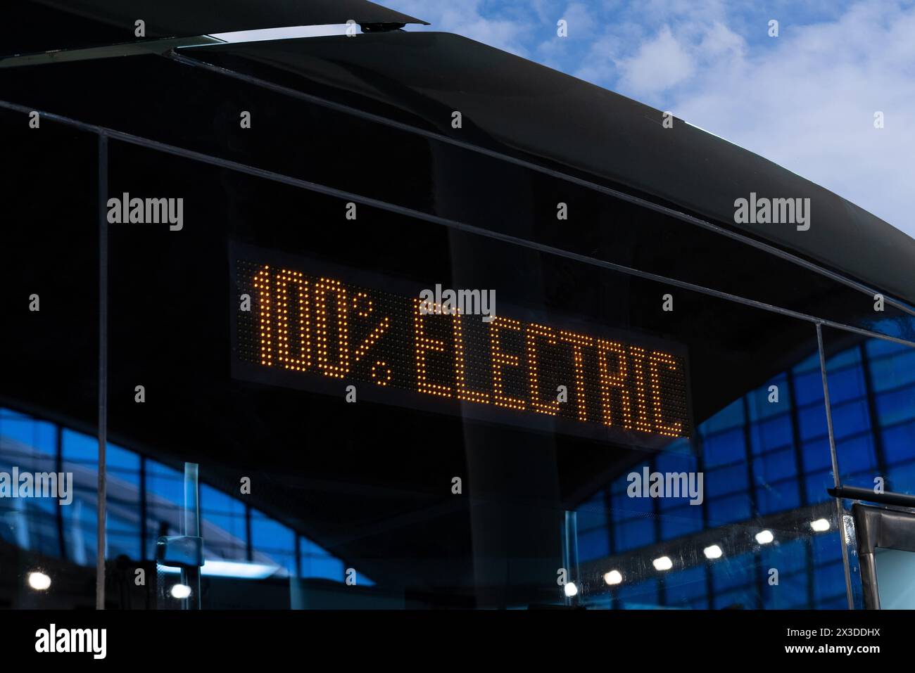 Electric bus sighboard close up. Inscription 100 percent electric Stock ...