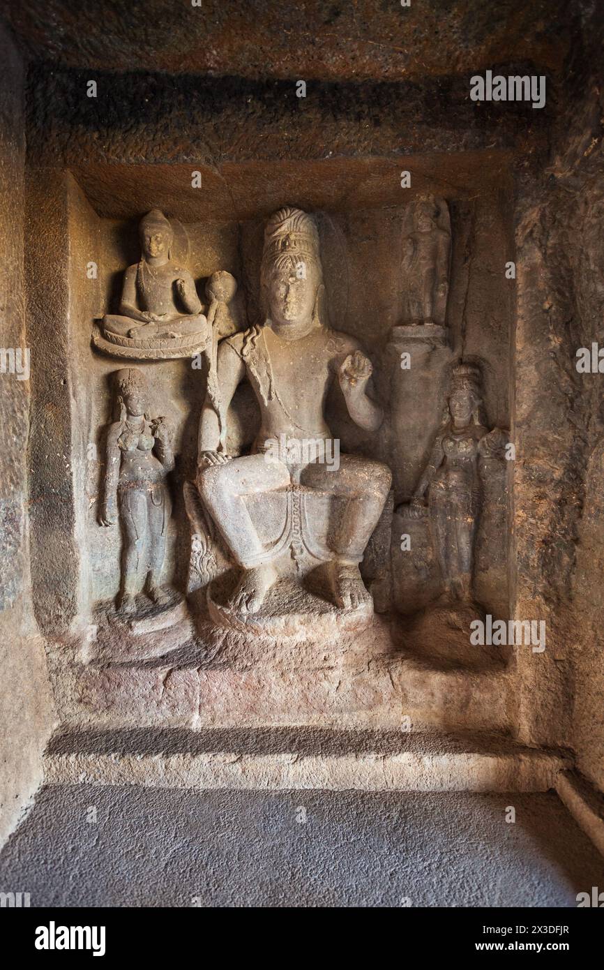 Relief carvings at Kailasa or Kailash Temple at the Ellora Caves in ...