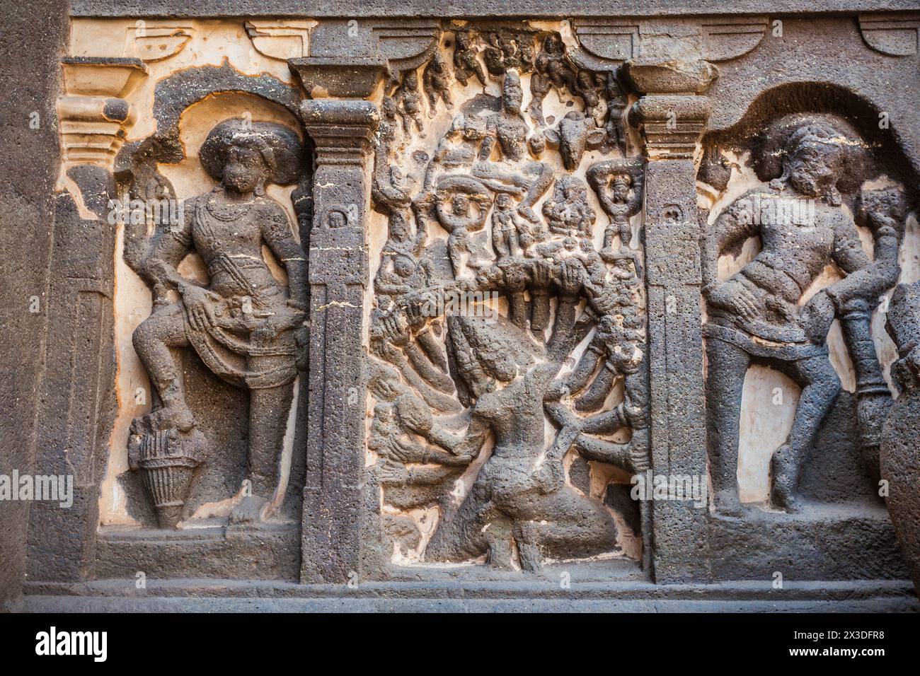 Relief carvings at Kailasa or Kailash Temple at the Ellora Caves in ...