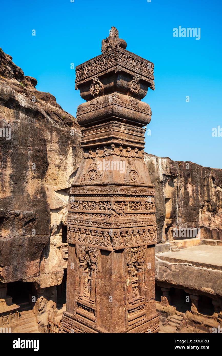Stone pillar at the Kailasa or Kailash Temple, the largest rock hindu ...
