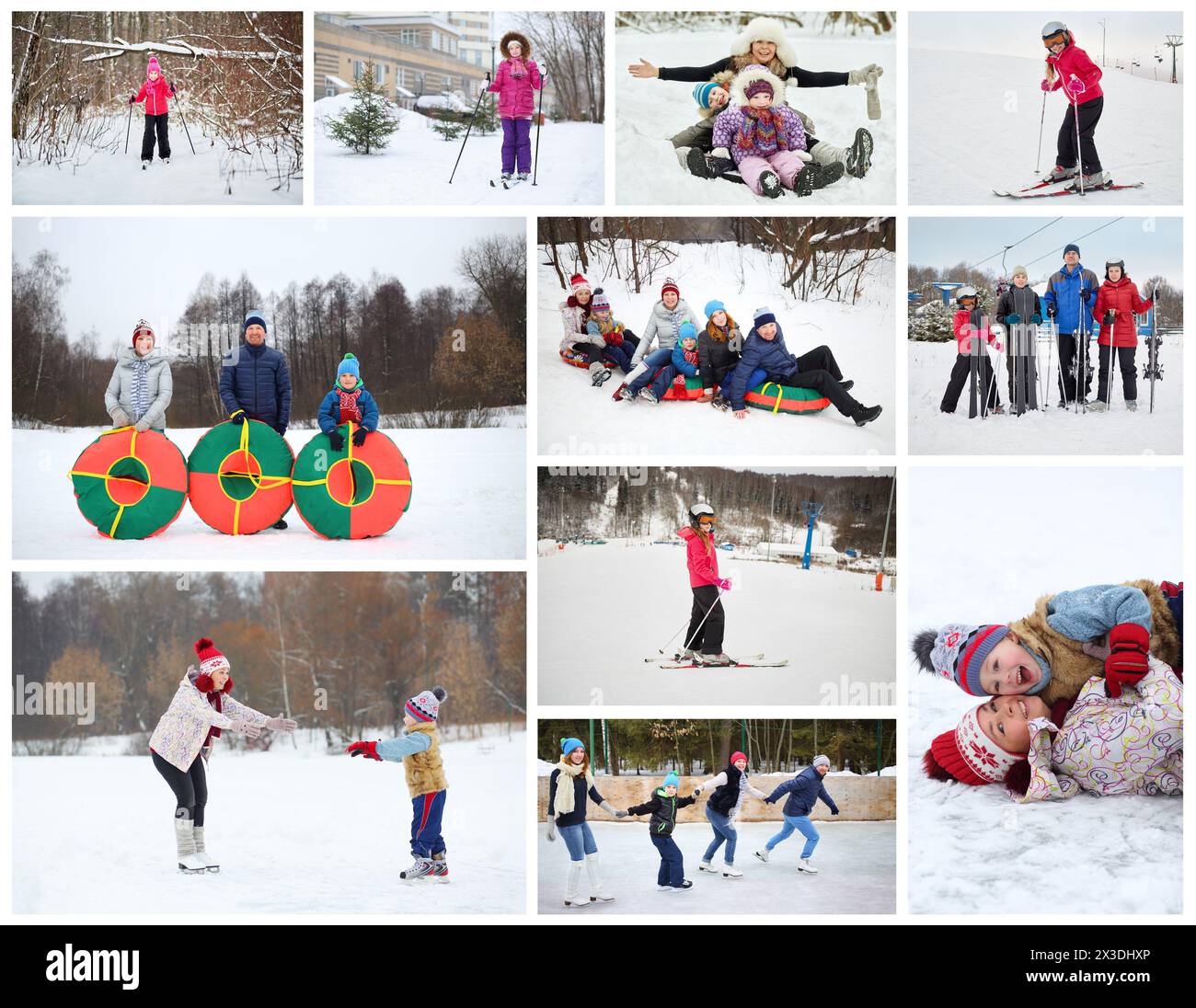 Collage with 12 people skating, skiing and snowtubs at winter outdoor ...