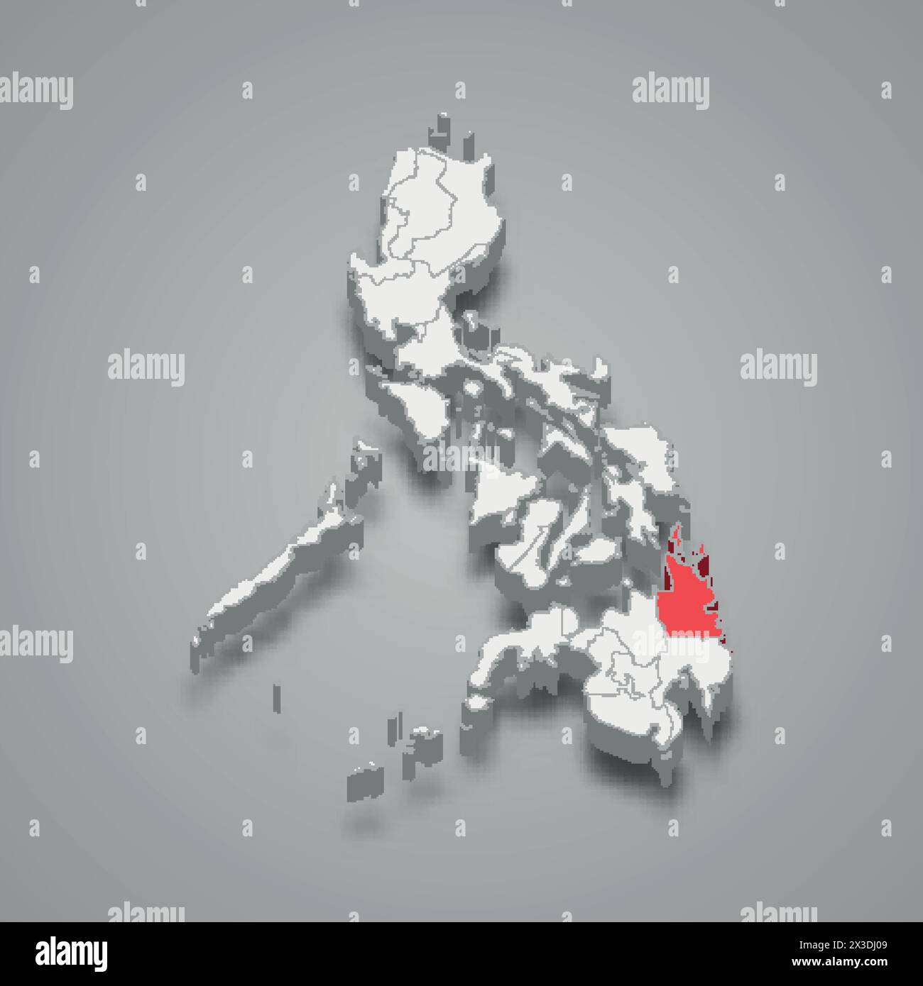 Caraga region highlighted in red on a grey Philippines 3d map Stock ...