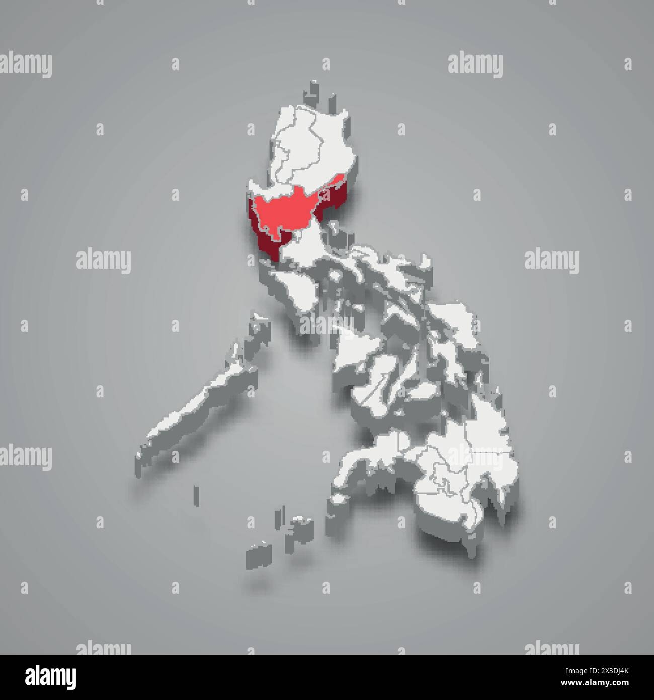 Central Luzon region highlighted in red on a grey Philippines 3d map ...
