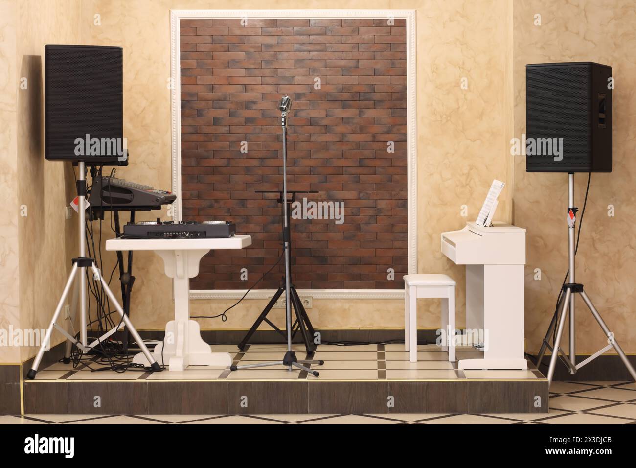Interior of restaurant with piano, microphone and acoustic system Stock ...