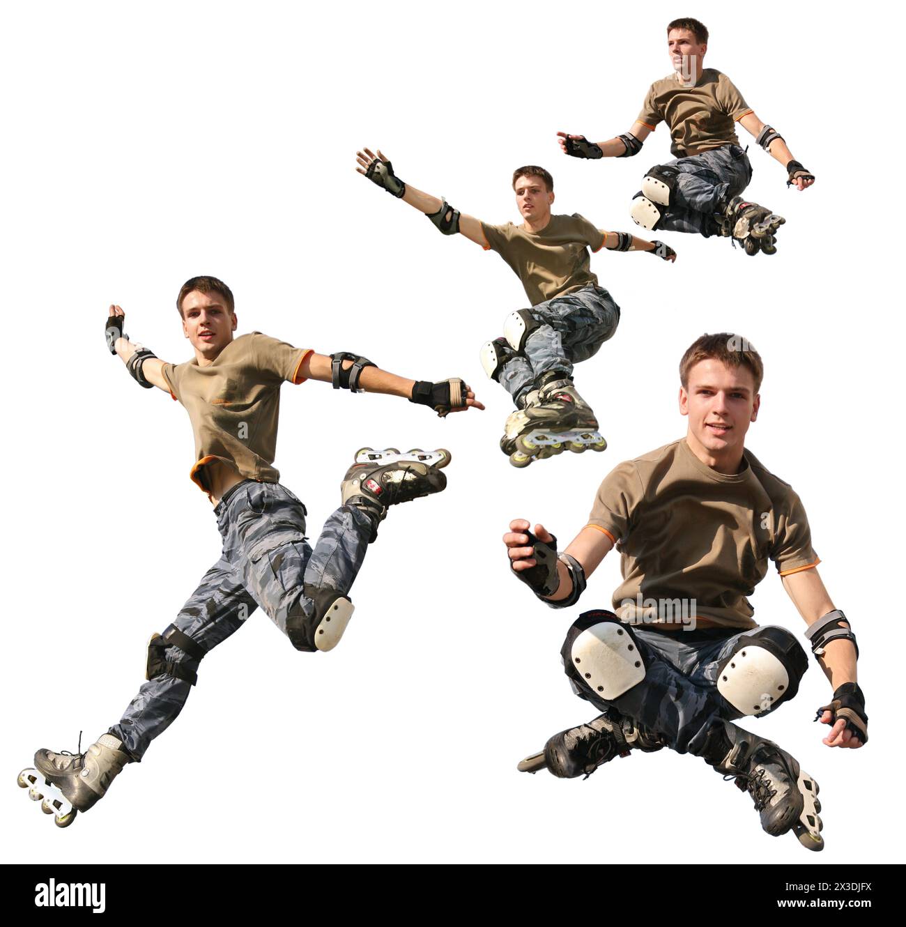 Four roller pose isolated on white, collage with one model Stock Photo ...