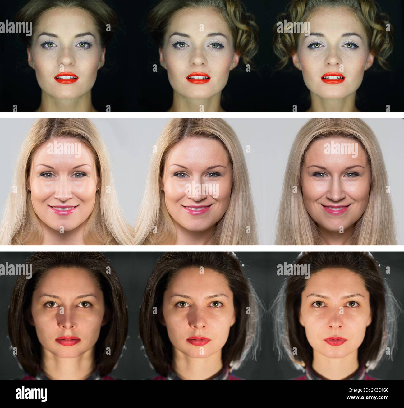 Collage with nine facial portraits of young women, asymmetric face ...