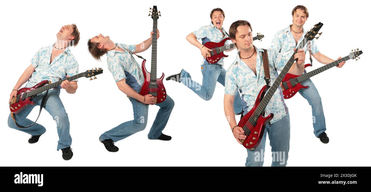 Five poses of young man with guitar dancing and singing, collage with ...