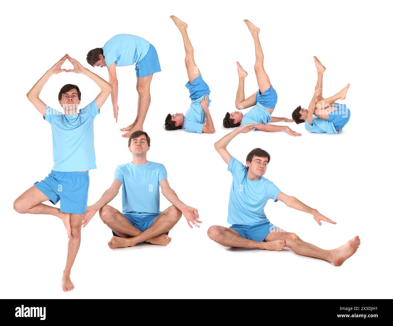 Eight poses of yoga man isolated on white, collage with one model Stock ...