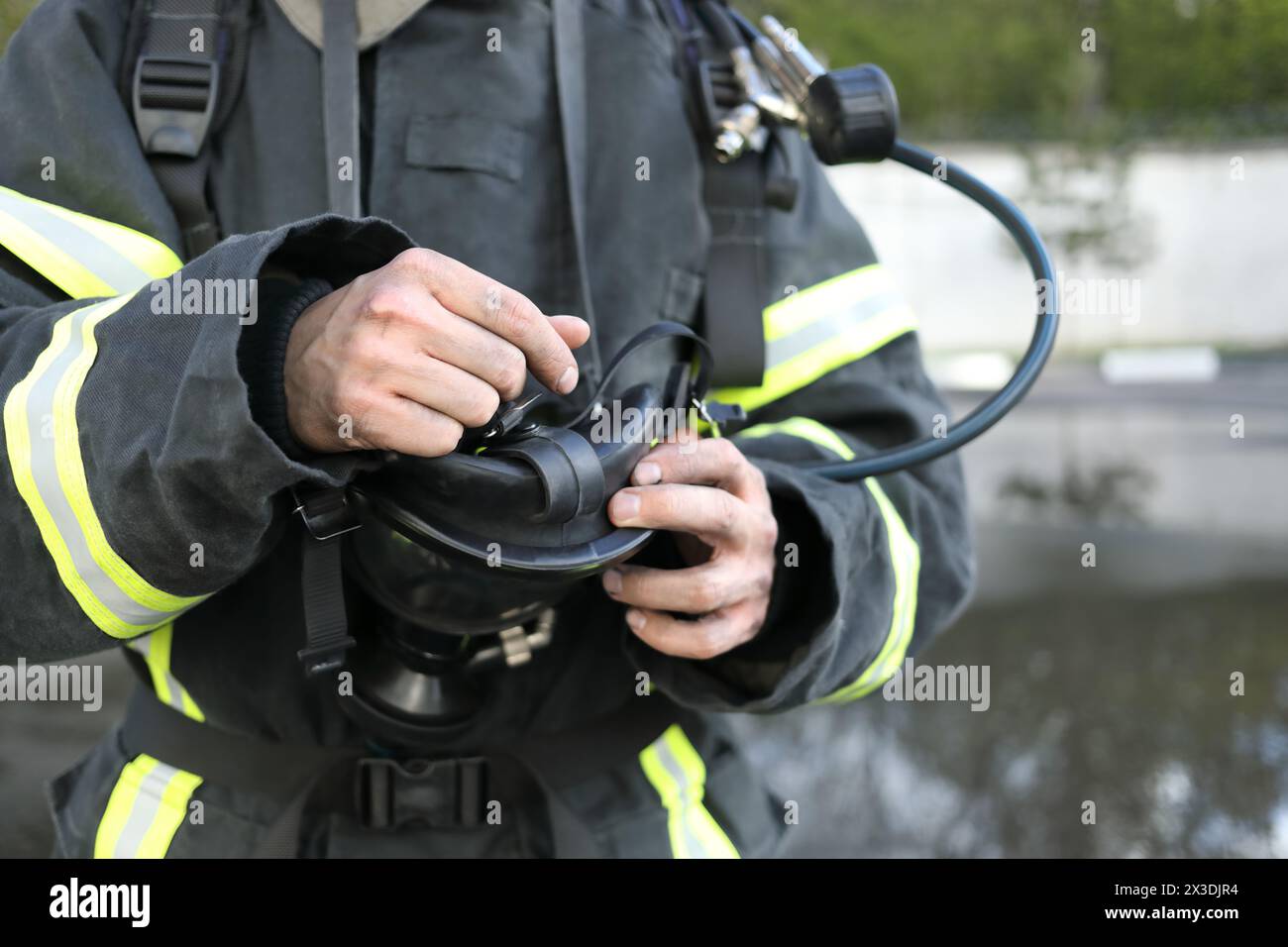 fireman wearing fire fighter turnouts with mask from breathing ...