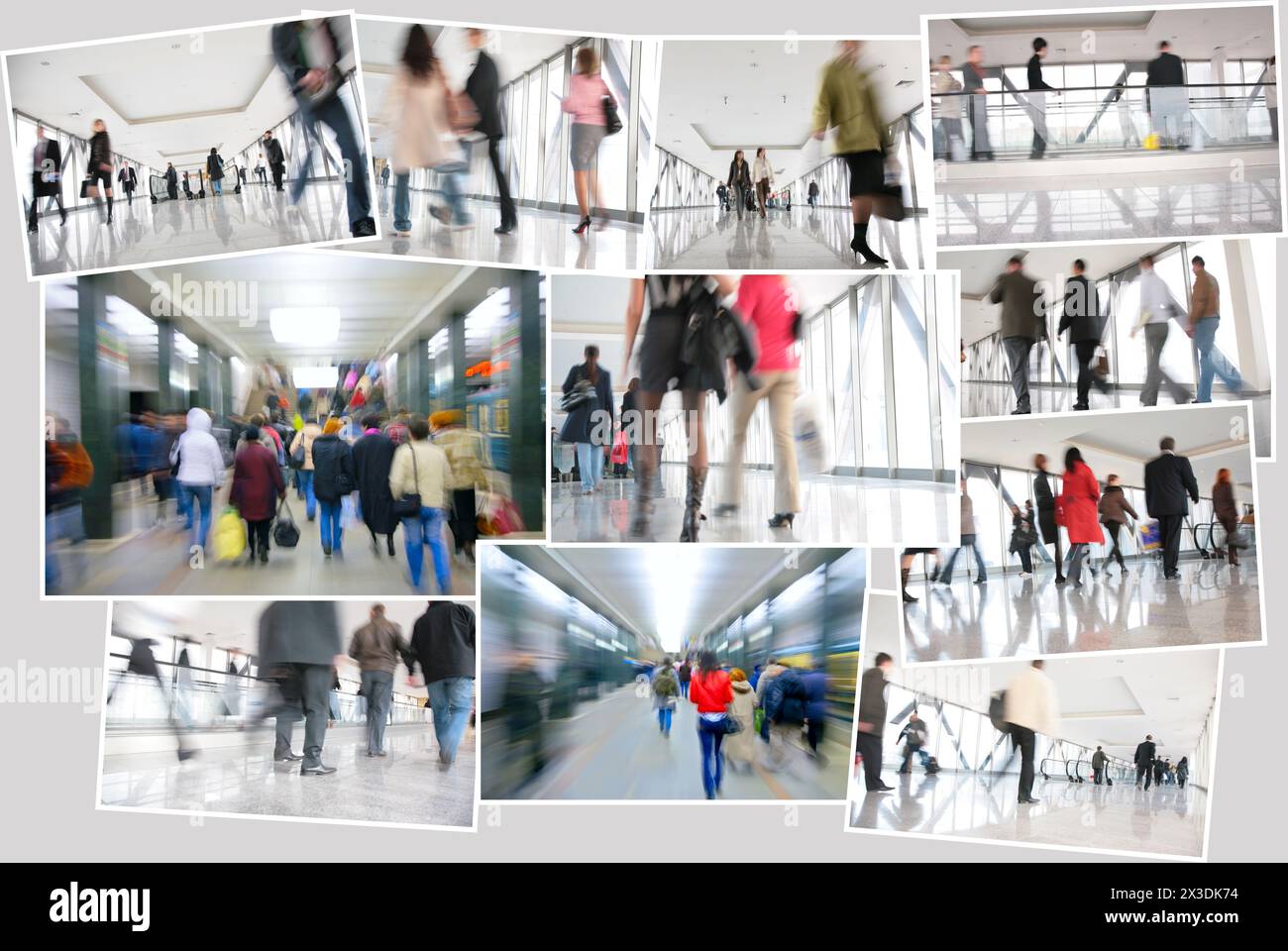 Collage with moving crowd, people are in hurry on business, motion blur ...