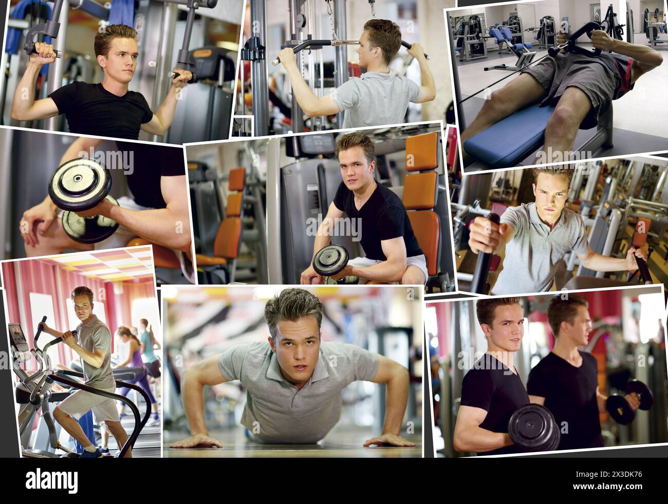 Collage with 10 poses of bodybuilder (one model) in training room Stock ...