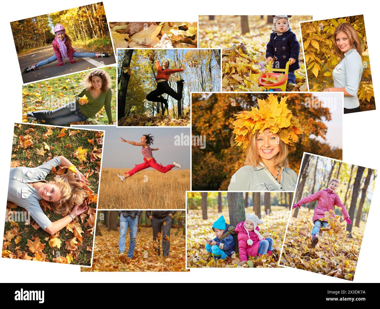 Collage with two woman and three children in autumn leaves, outdoor ...