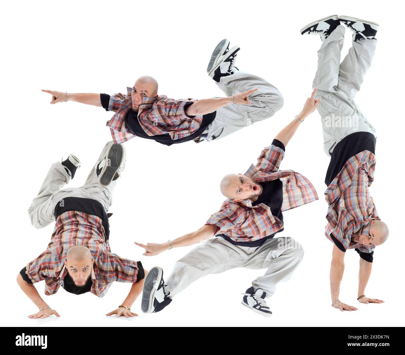 Collage with four poses breakdancer (one model) isolated on white ...