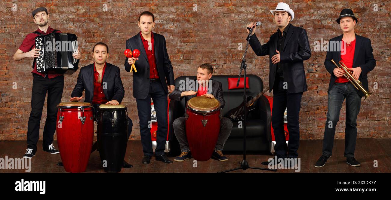 Collage with six mans (four models) playing on musical instruments in ...