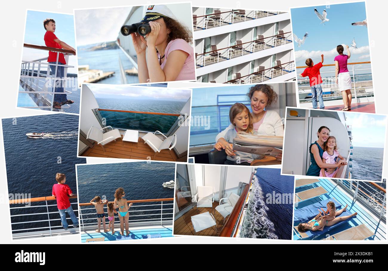 collage of pictures of cruise liner with womаn, girl and boy on ship ...