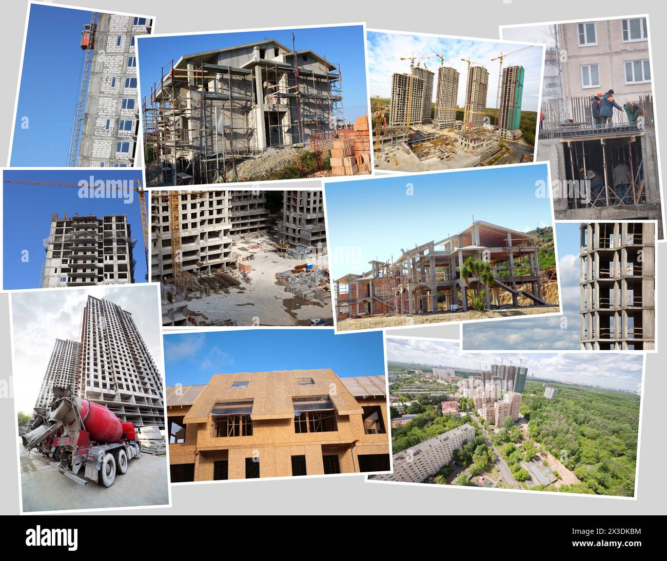 Construction work site collage photos, high-rise buildings, cottages ...