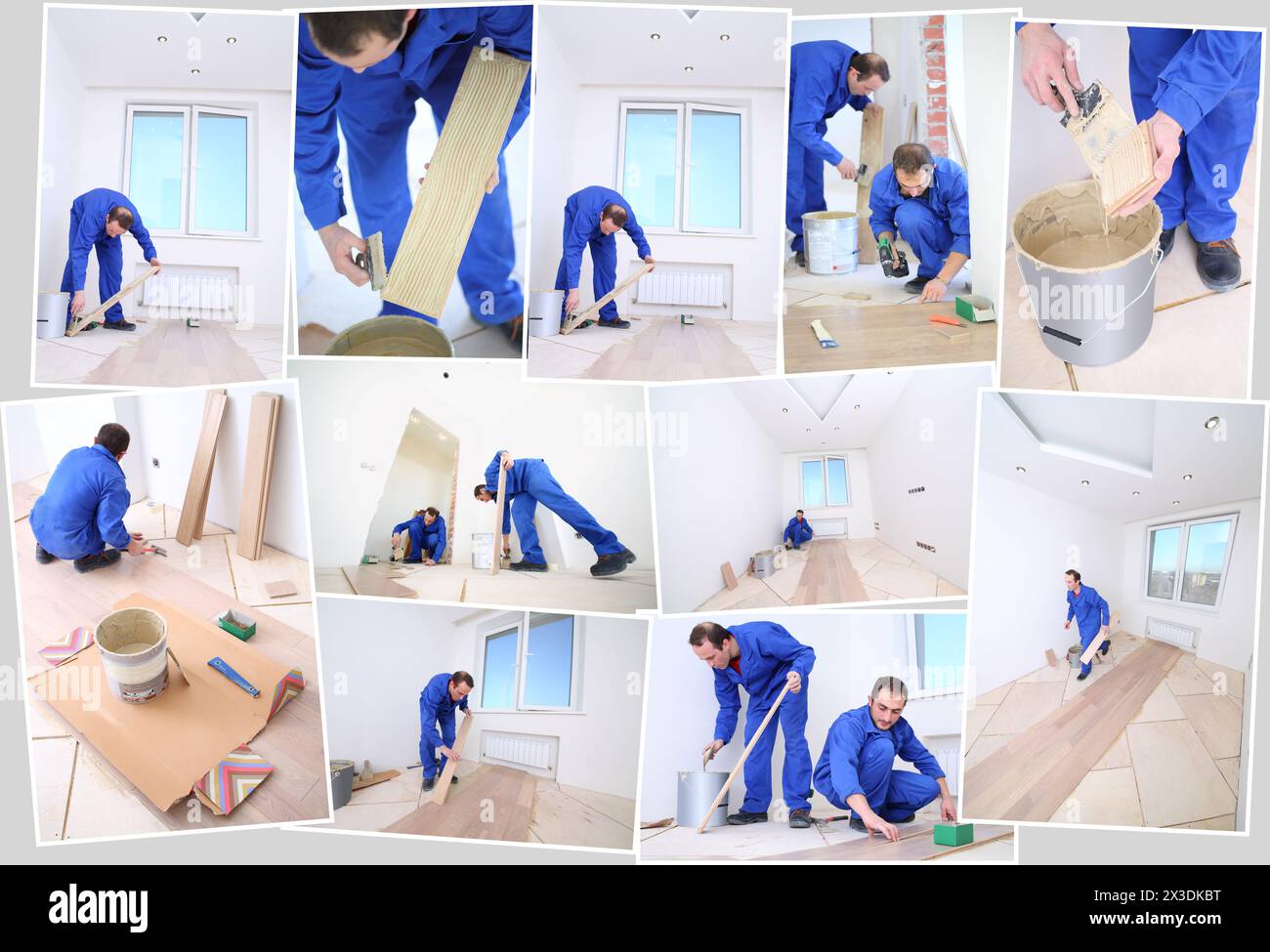 thirteen workers (two models) mount laminate floor in apartment ...