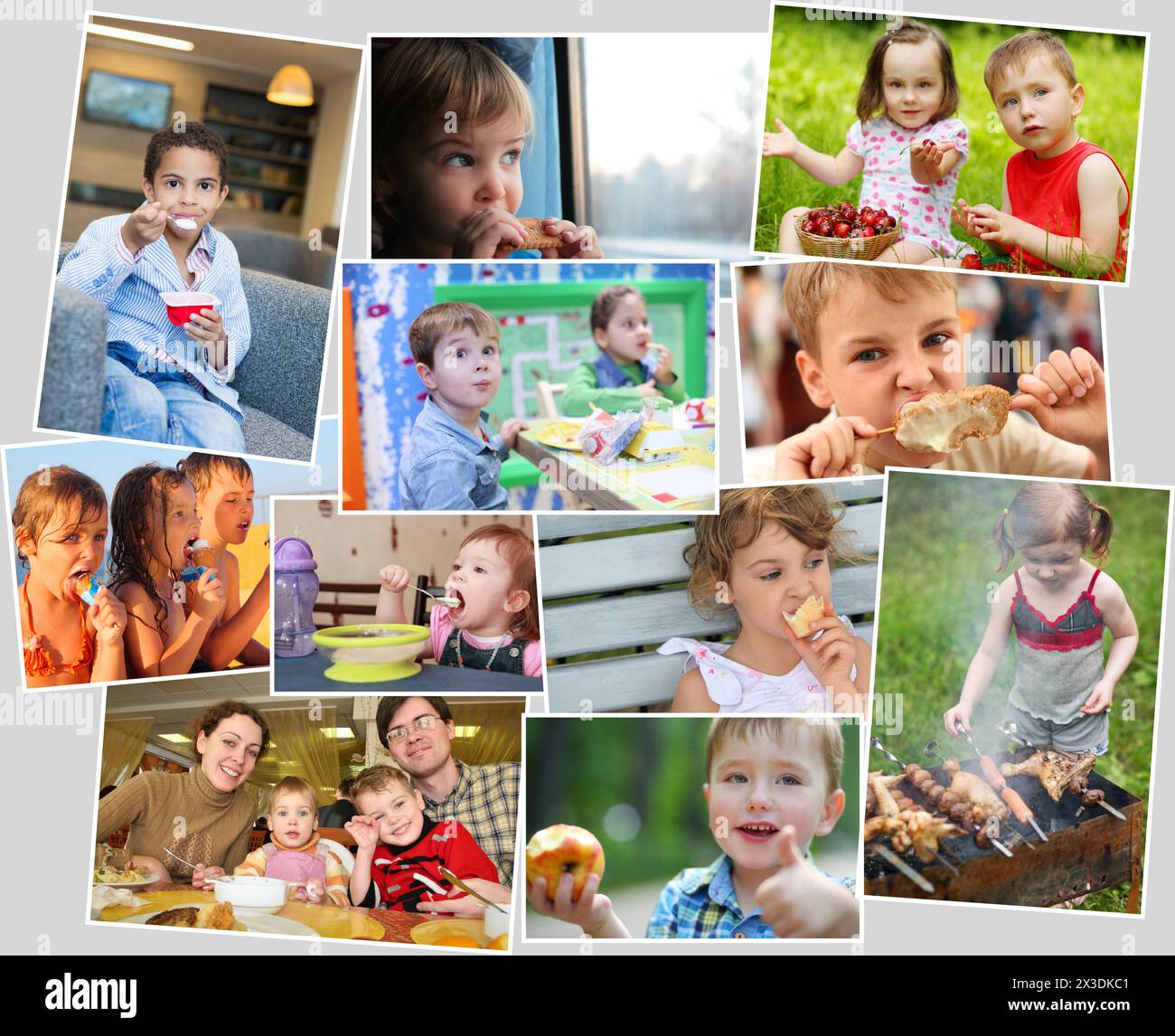 Collage of eighteen eating people (twelve models), children with ice ...