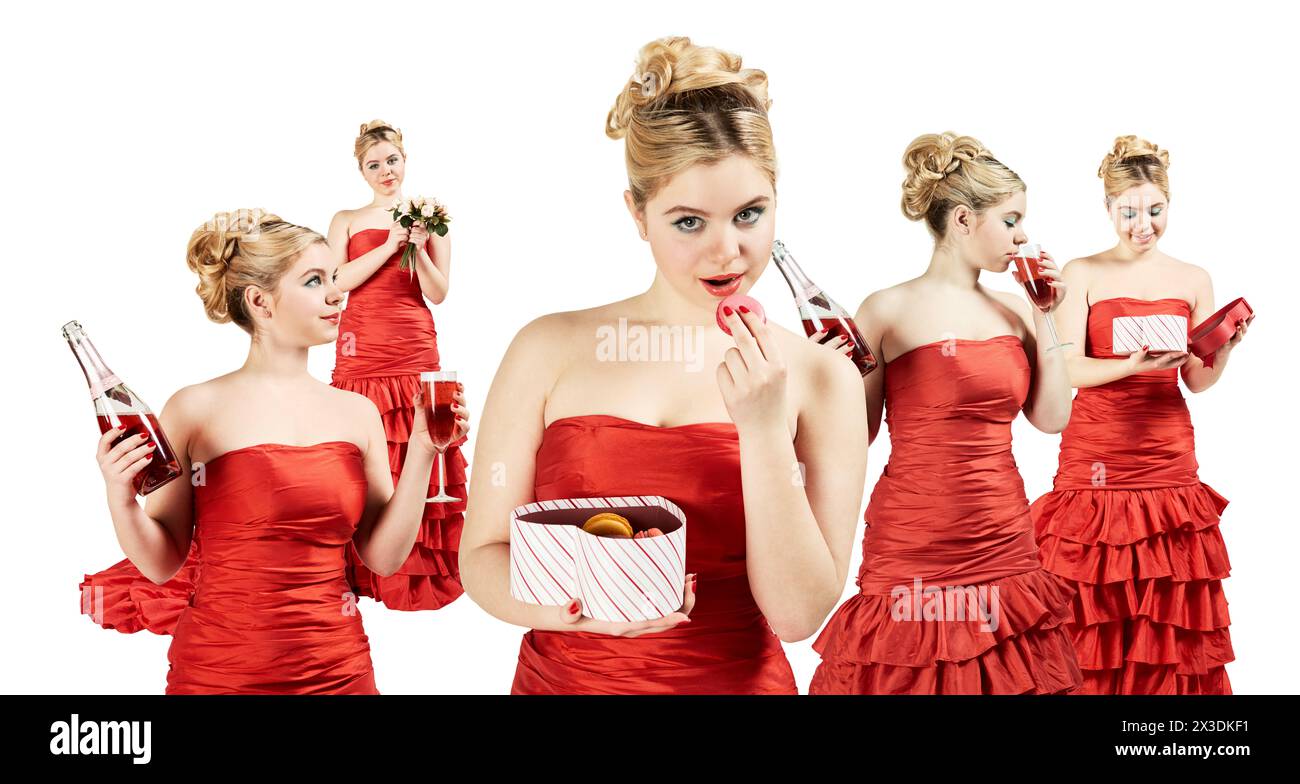 Collage with five smiling woman (one model) in red dress isolated on ...