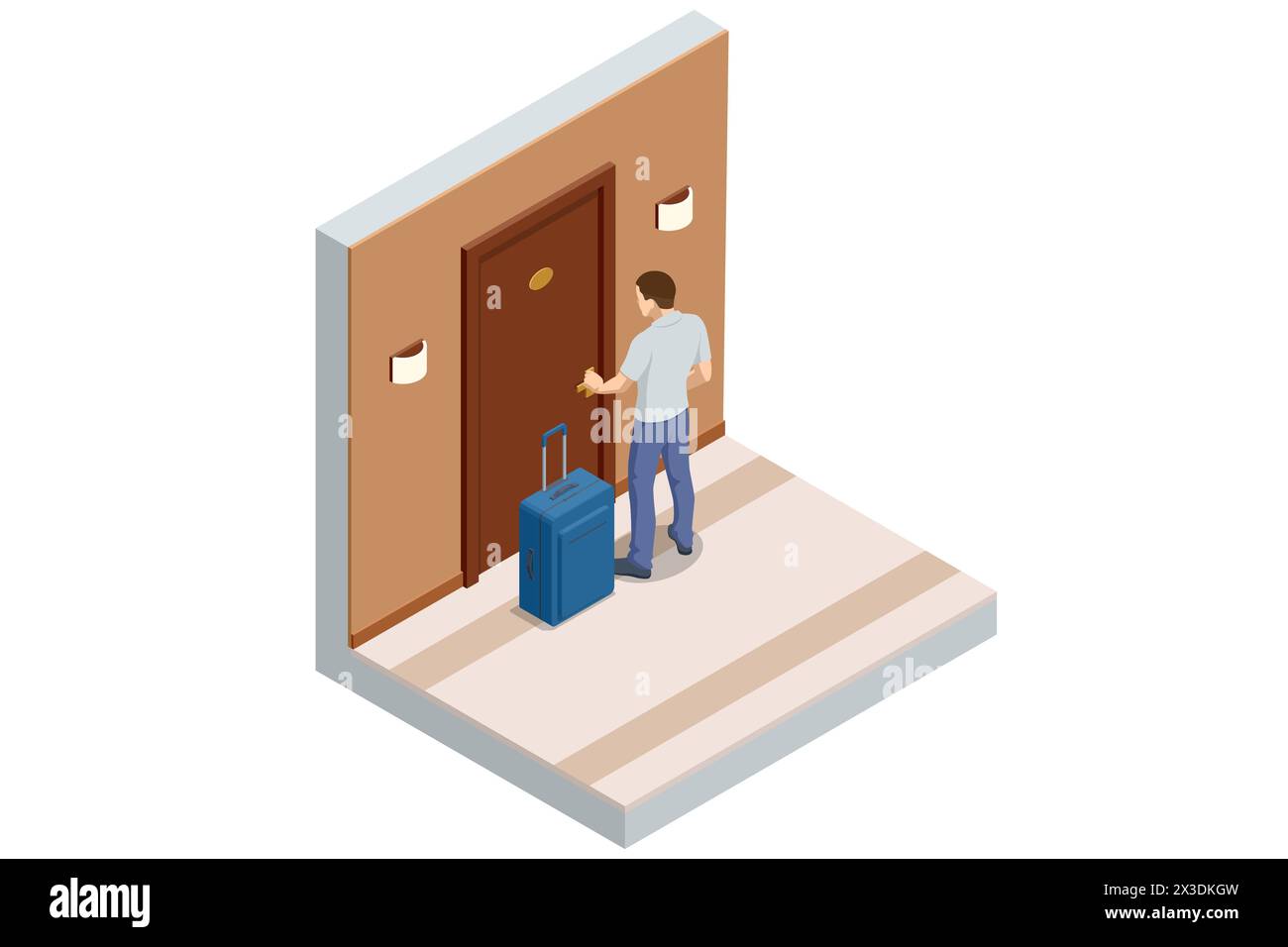 Isometric Interior of a hotel corridor, a man checks into a hotel room ...
