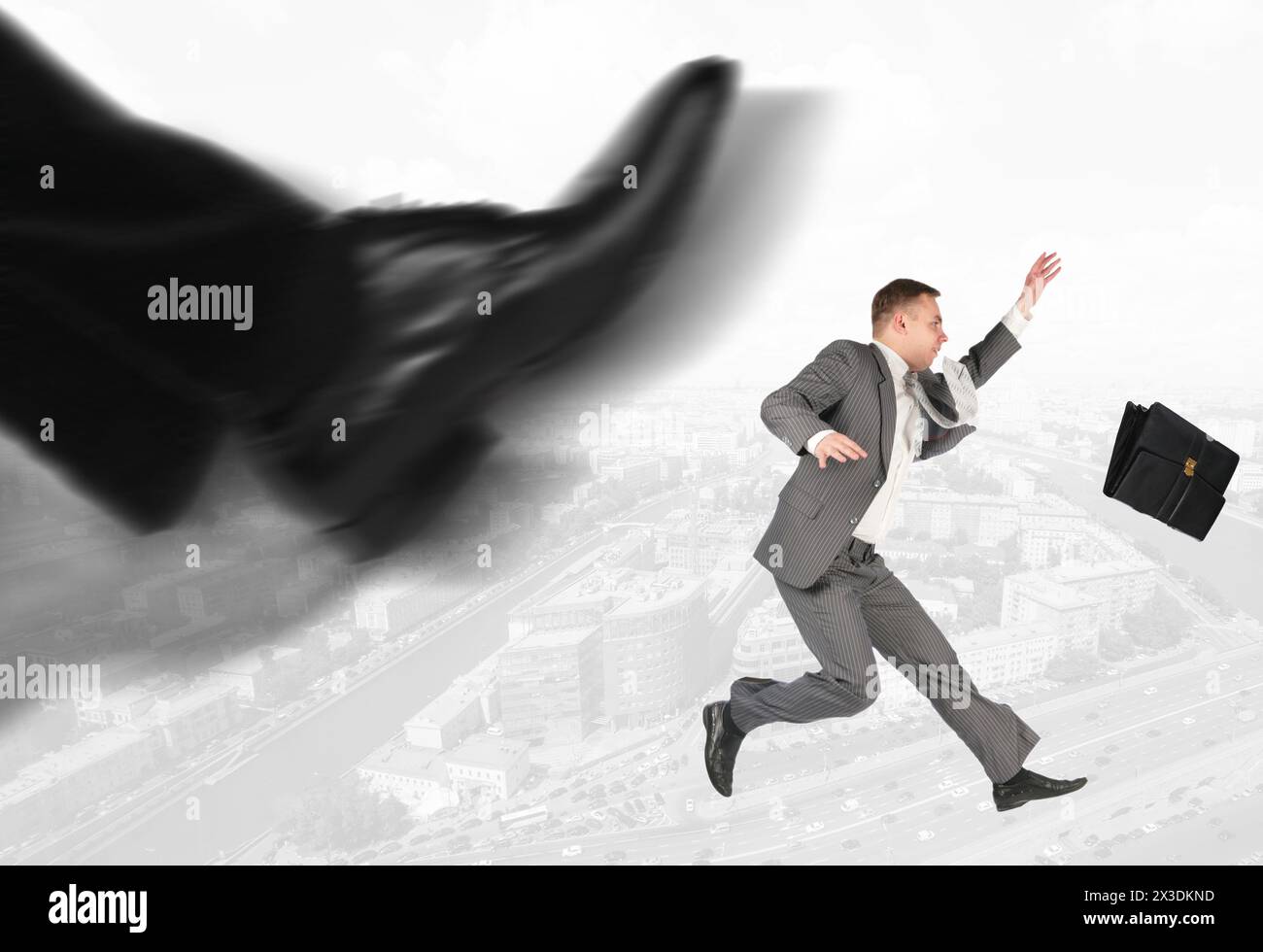Collage with falling businessman with briefcase on background of city ...