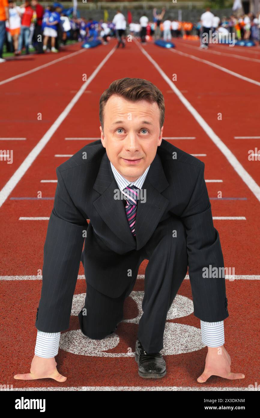 Collage with businessman in low start position on special red cover for ...