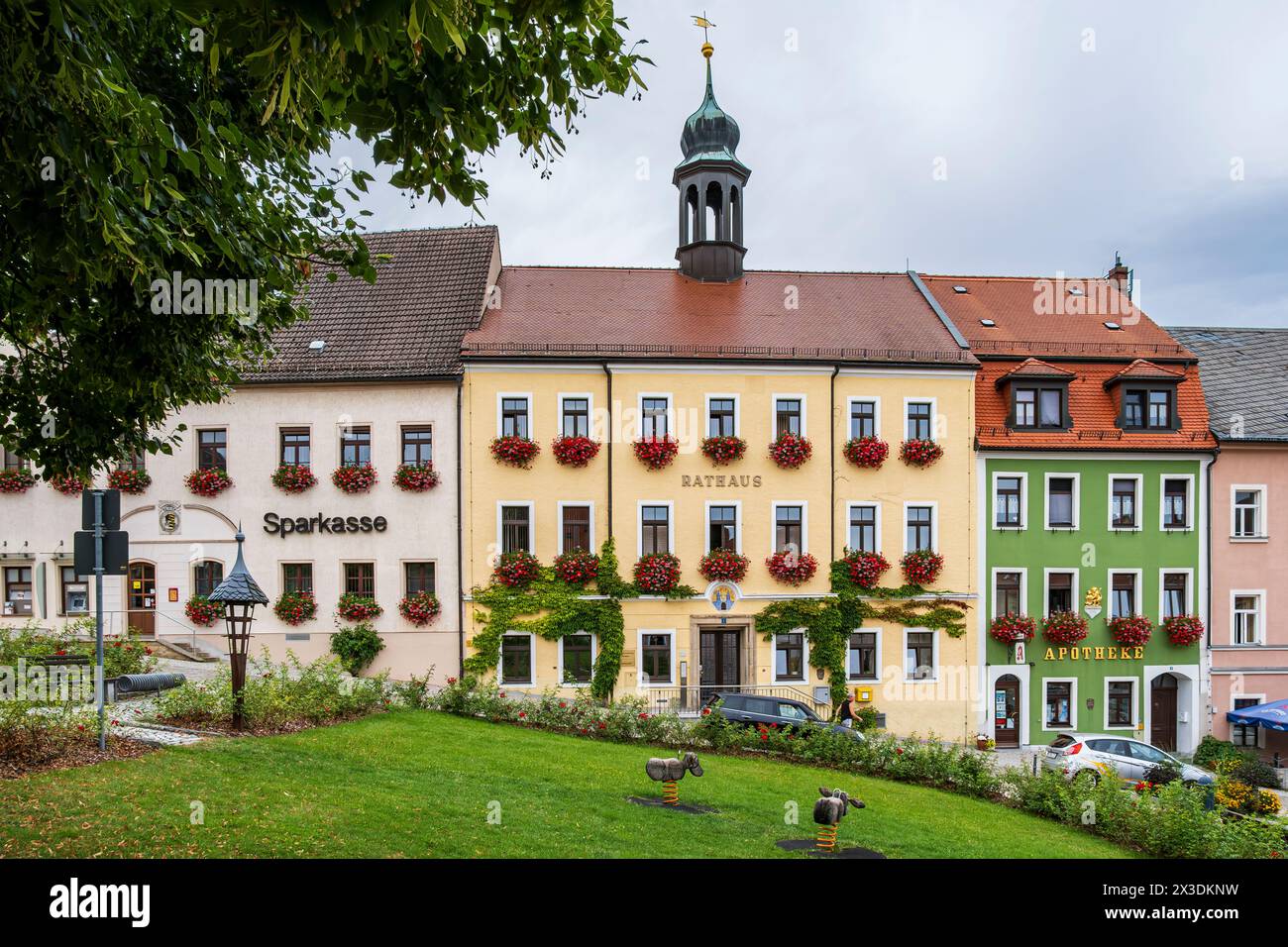 Historic town hall at the market square of Stolpen, Saxony, Germany ...