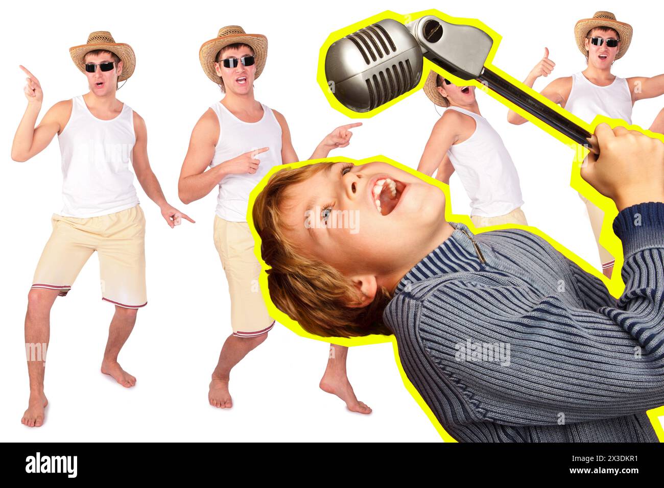 Singing boy with microphone on rack on background of dancing man in hat ...