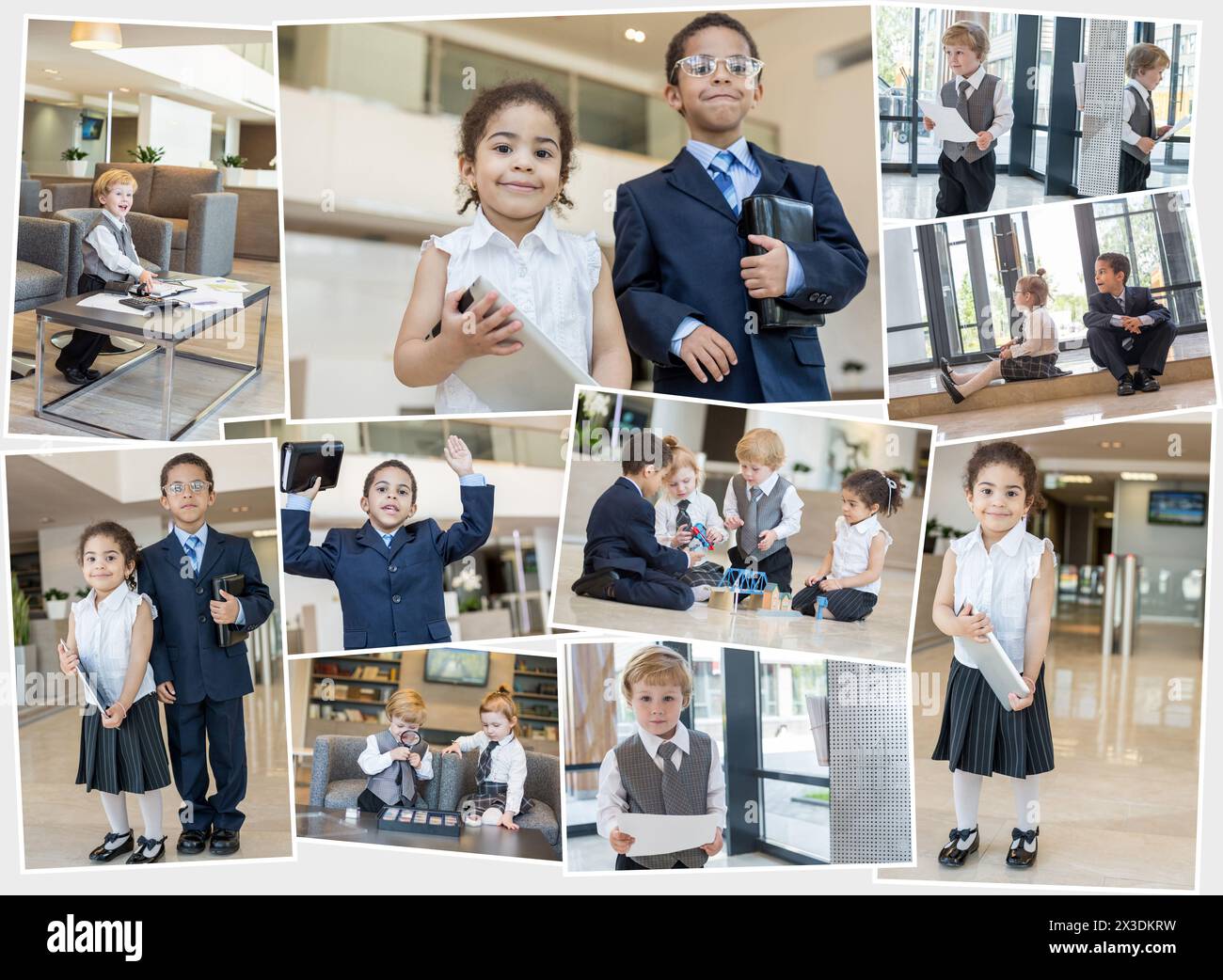 Collage with ten boys and seven girls (four models) in business clothes ...