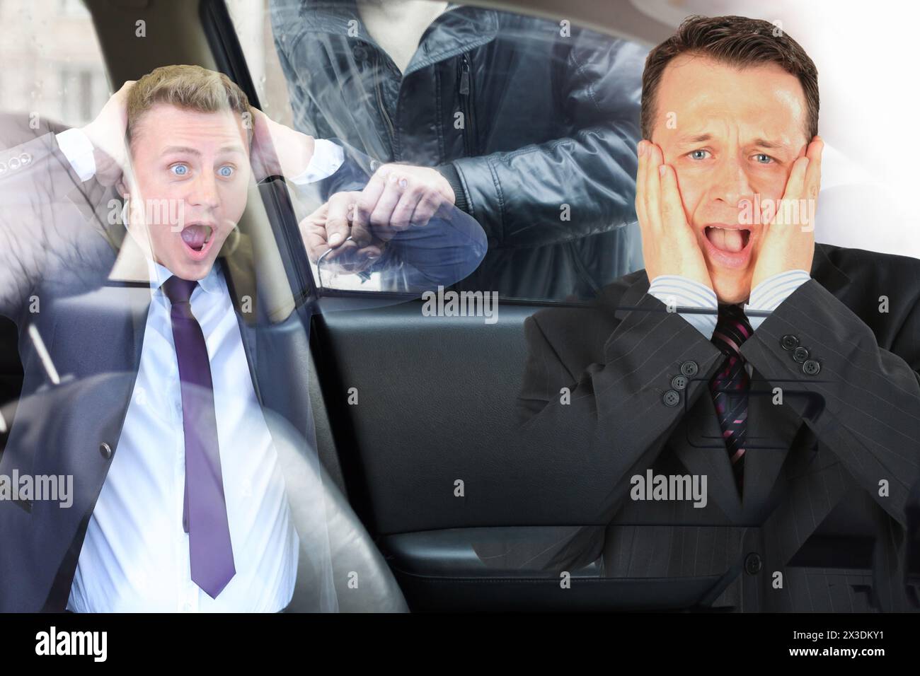 thief breaks into car and reaction of drivers to hacking, collage Stock ...