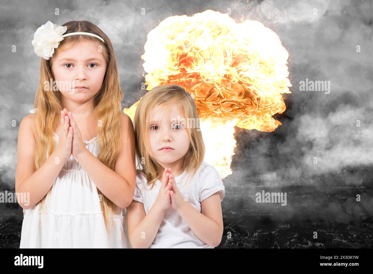 Collage with two girls dressed in white palms folded in prayer on ...