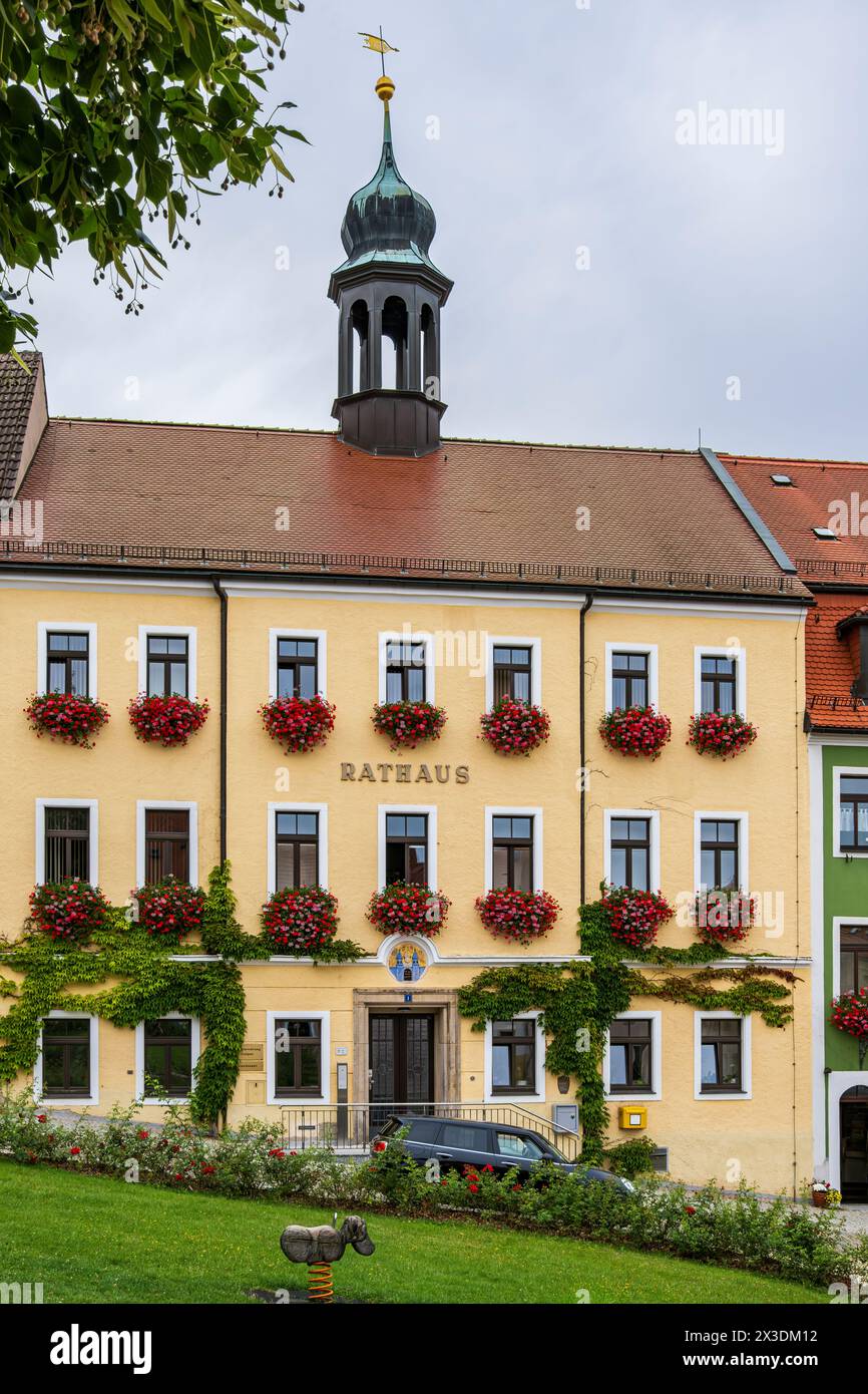 Historic town hall at the market square of Stolpen, Saxony, Germany ...