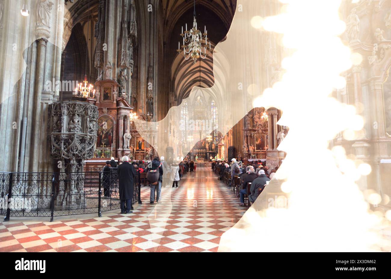 collage with girl praying against background of church interior, palms ...