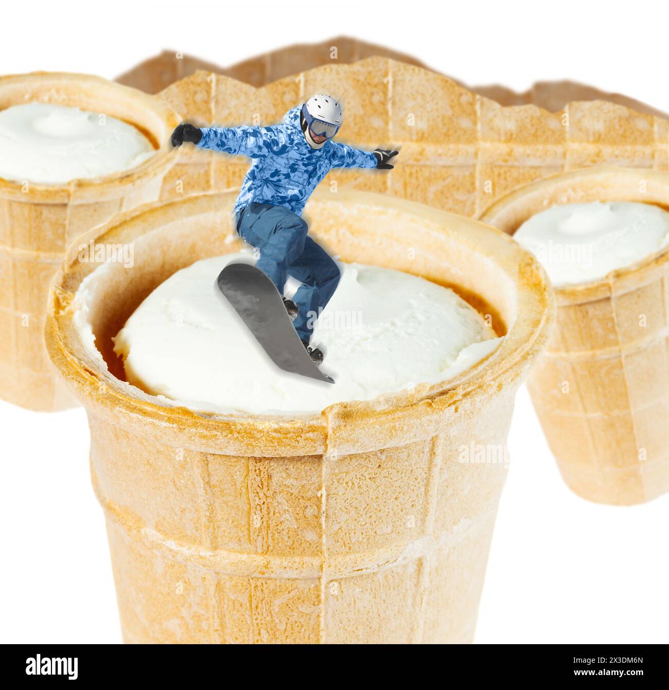 Collage with flying snowboarder in background white ice creams in ...