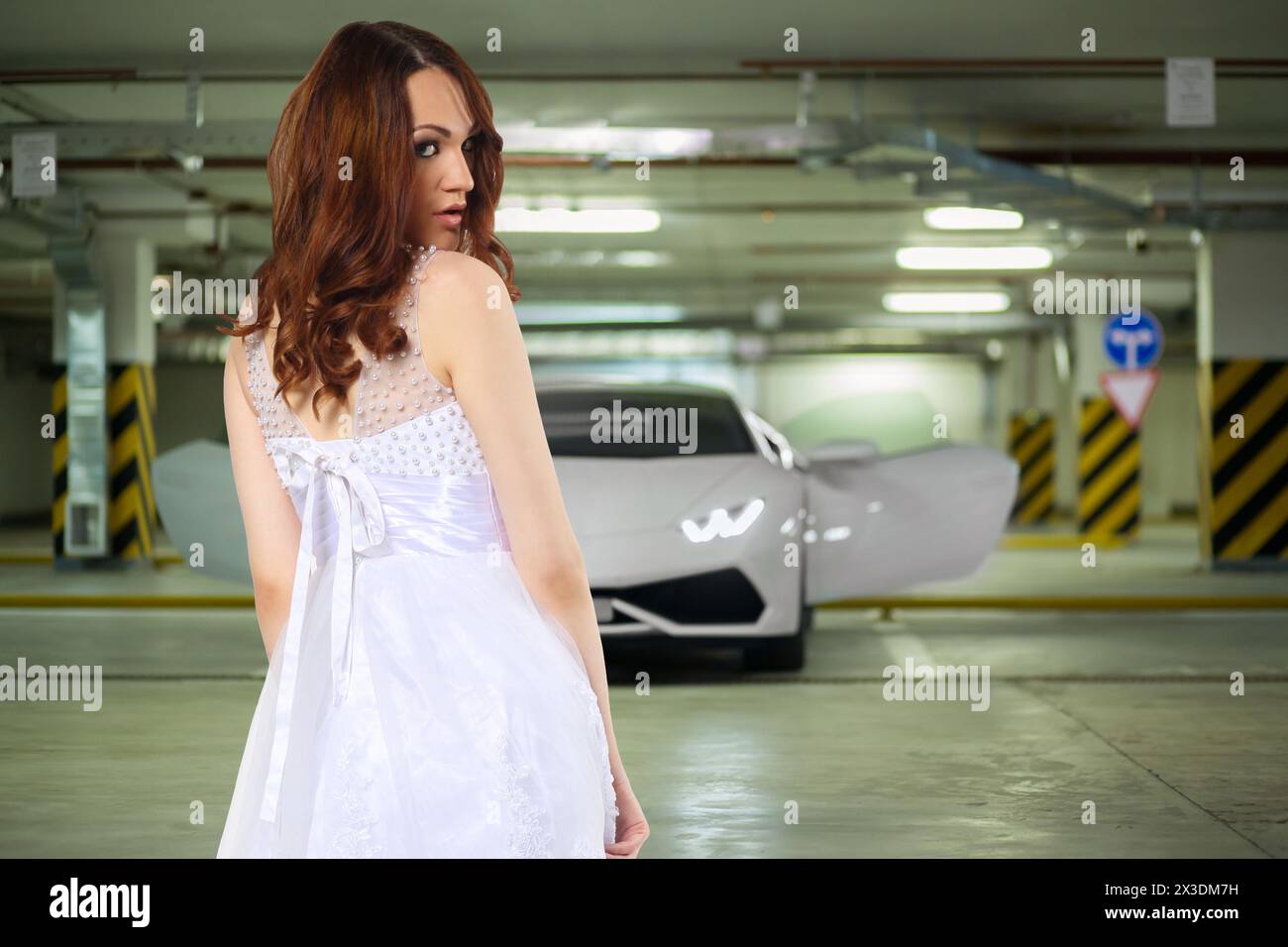 Collage with young woman poses standing turned round against modern ...