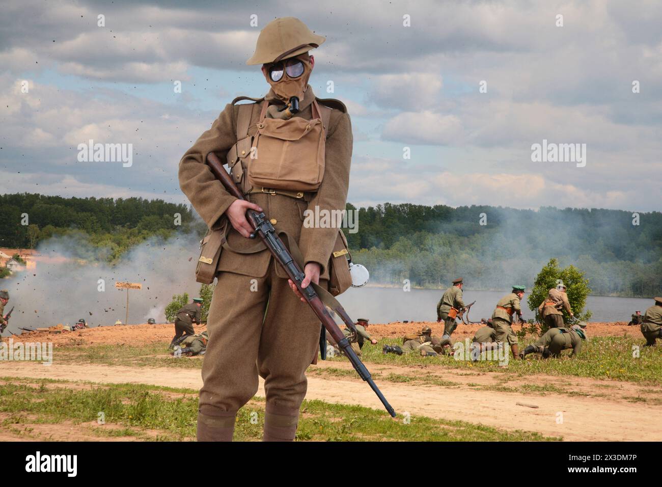 Collage with soldier with gun on background of attack in WWI military ...