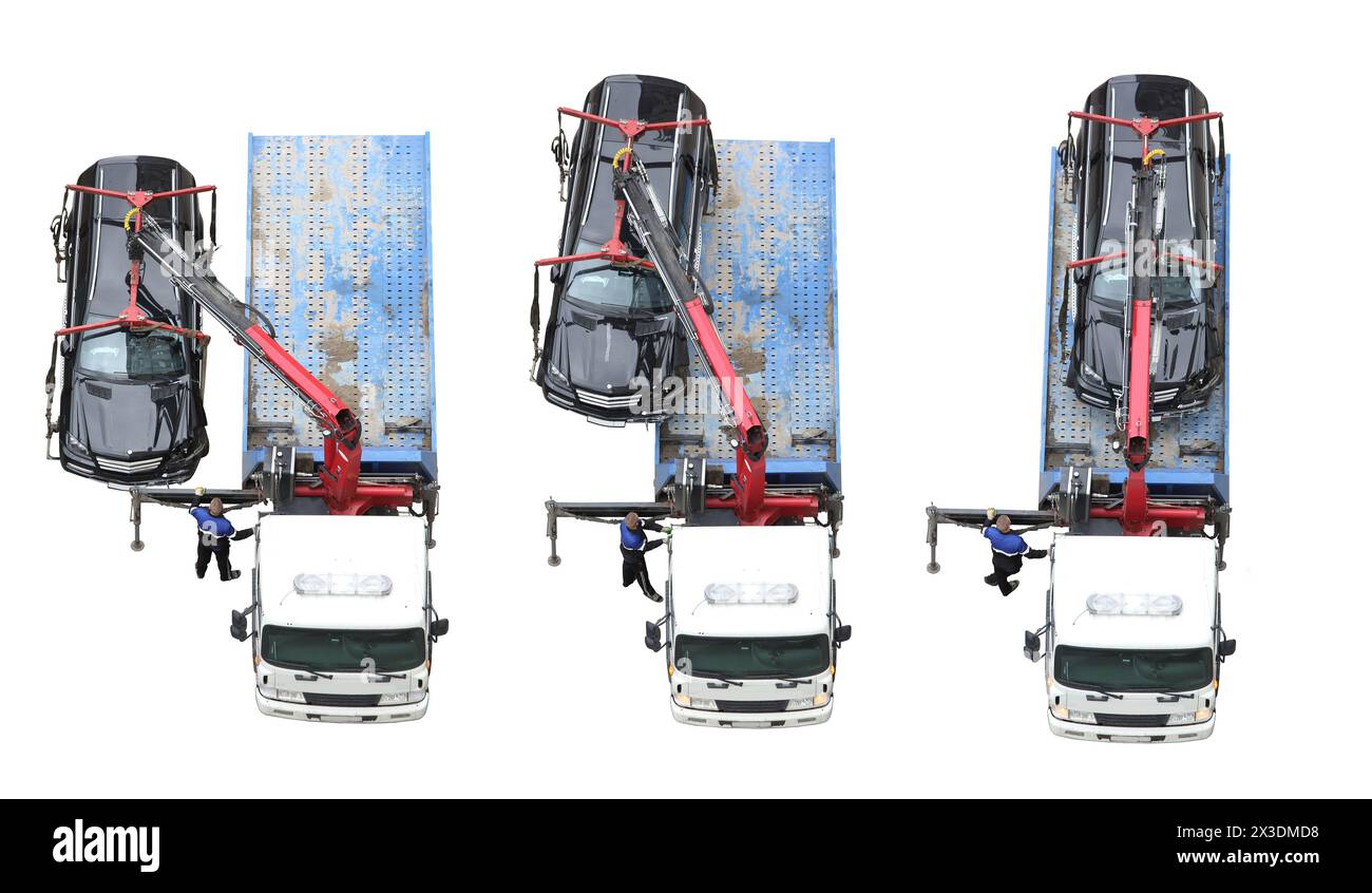 Collage with crashed black car and tow truck platform. Loading process ...