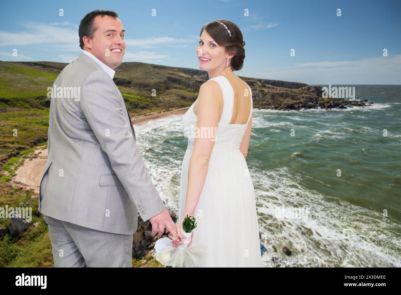 Collage with smiling newly married couple standing by back and holding ...