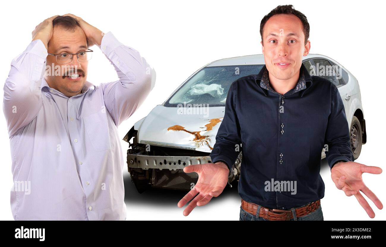 Collage with drivers after an accident, emotions, broken car on white ...