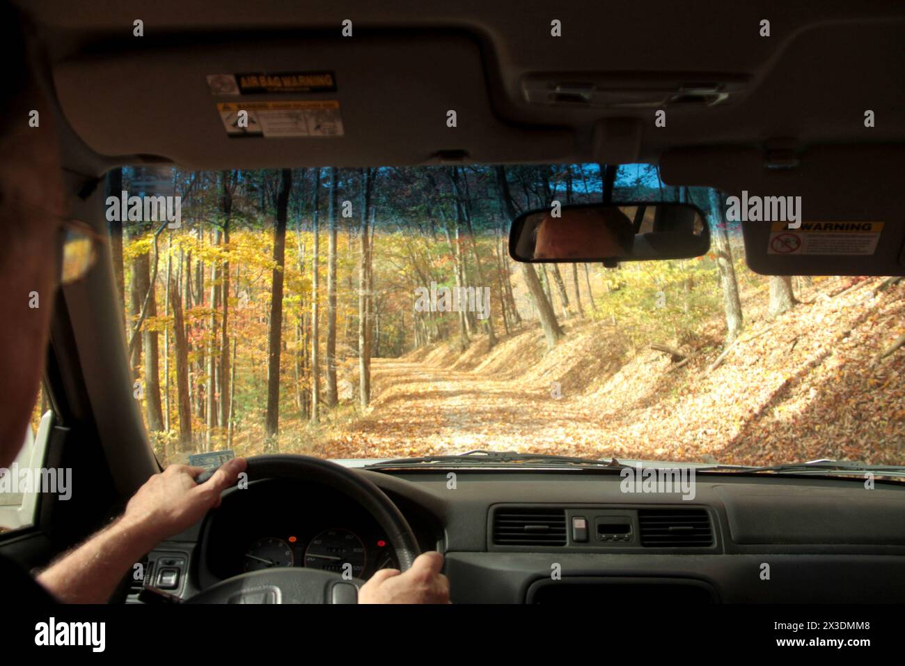 Virginia, U.S.A. Driving on an unpaved mountain road in late October ...
